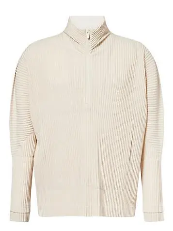 Issey Miyake Quarter-zip Pleated Knitted Top - Dumo Beige