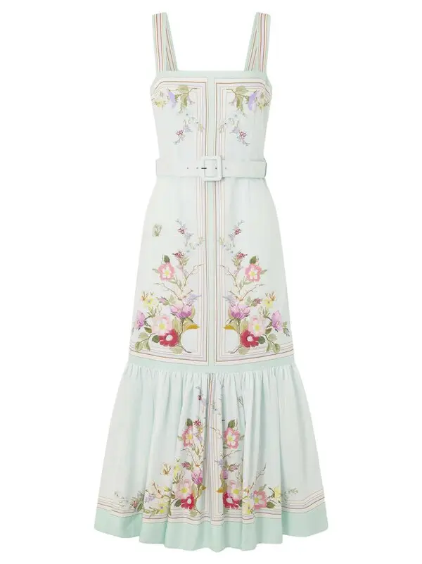 SELF-PORTRAIT Belted Floral-print Linen And Cotton-blend Midi Dress - Green
