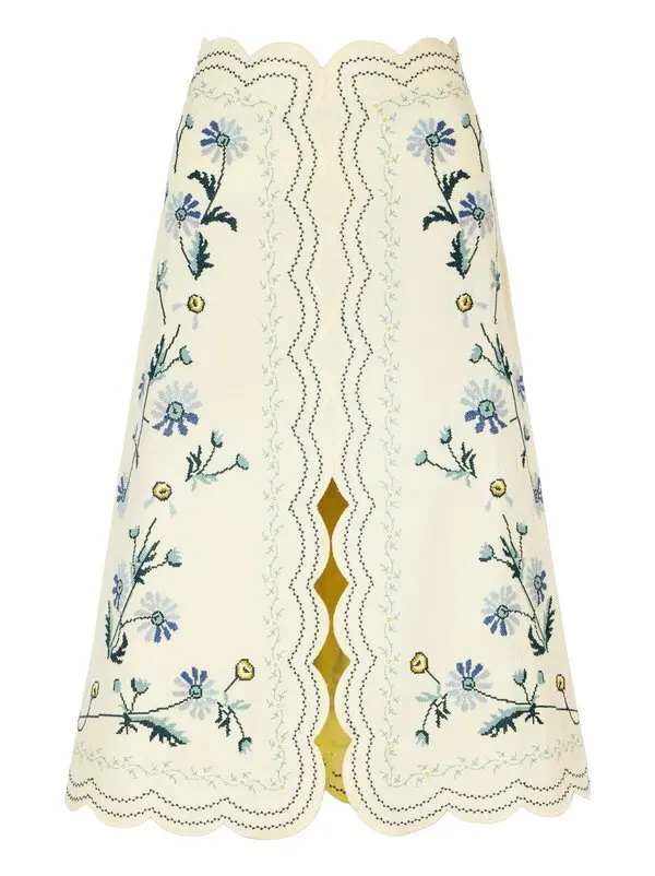 Sea Audra Embroidered Cotton And Linen-blend Midi Skirt - Yellow