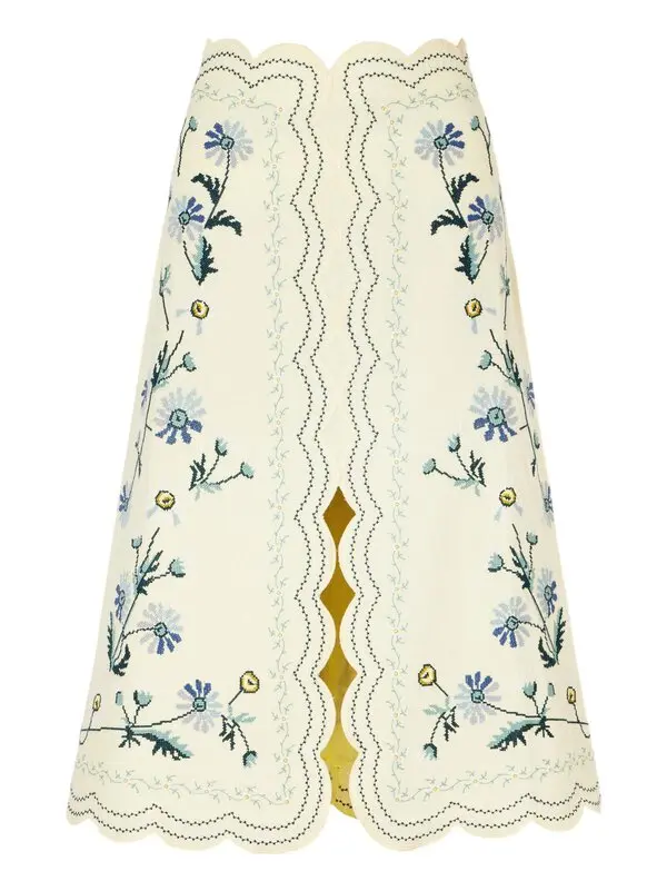 Sea Audra Embroidered Cotton And Linen-blend Midi Skirt - Yellow