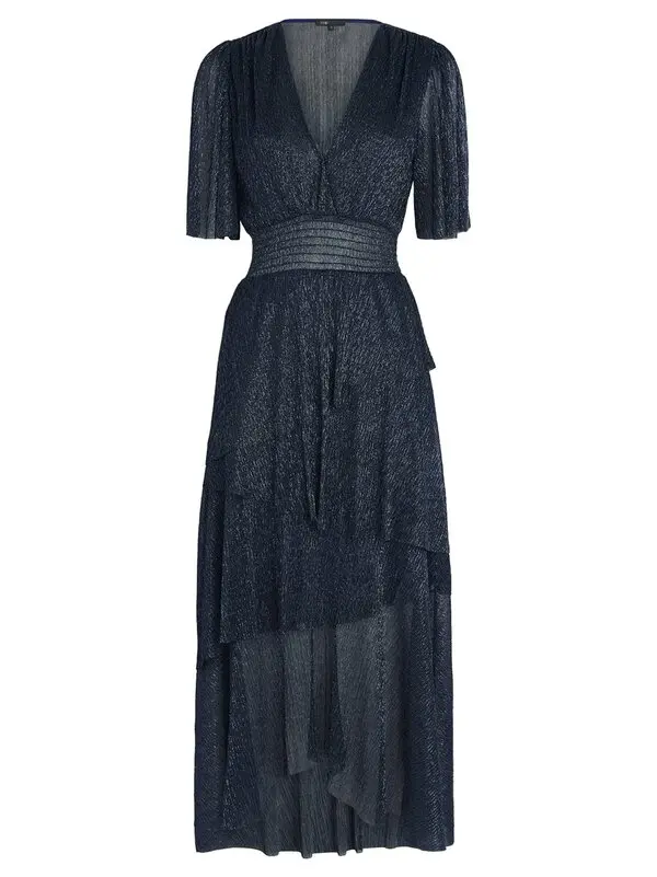 Maje Metallic Pleated Midi Dress - Blue
