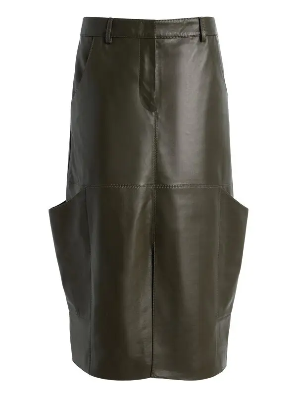 Françoise Leather Midi Skirt With Belt - Green