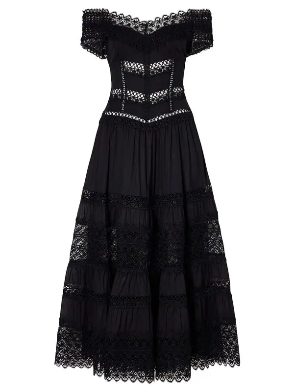 Charo Ruiz Ibiza Amaira Embroidered Lace-trimmed Cotton-blend Maxi Dress - Black