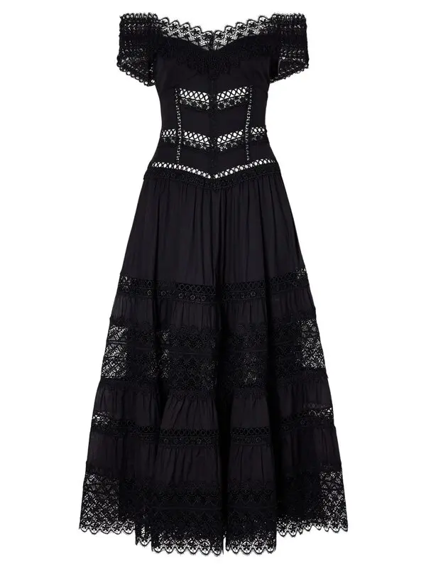 Charo Ruiz Ibiza Amaira Embroidered Lace-trimmed Cotton-blend Maxi Dress - Black