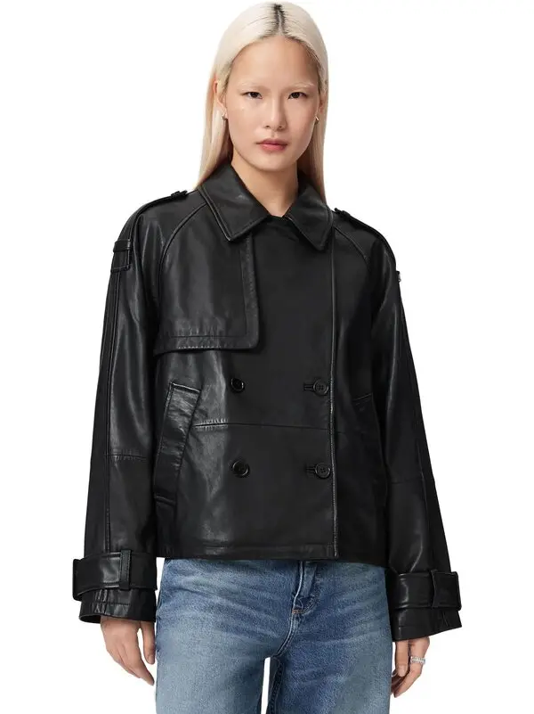 ALLSAINTS Reya Cropped Leather Mac - Black