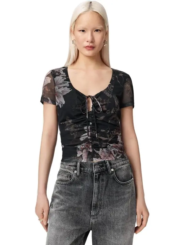 ALLSAINTS Gabby Slim Fit Floral Mesh Top - Crystal Black