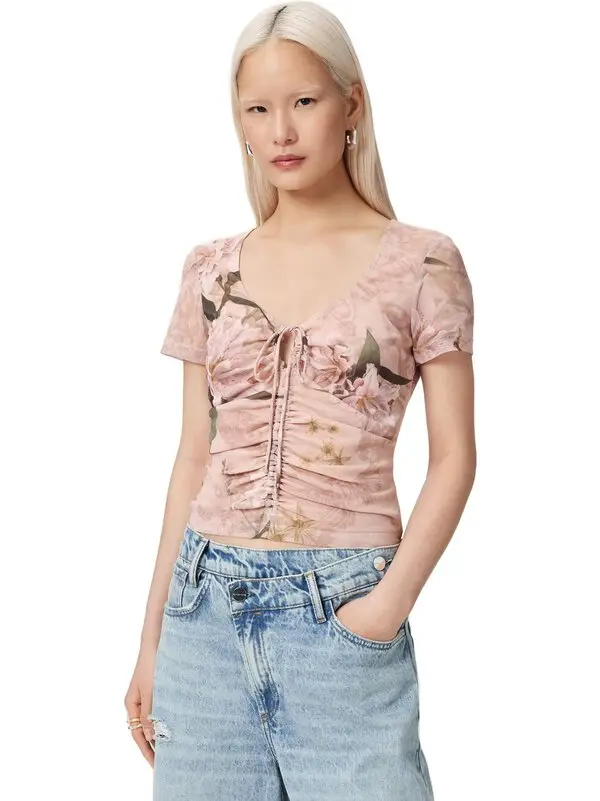 ALLSAINTS Gabby Slim Fit Floral Mesh Top - Crystal Pink