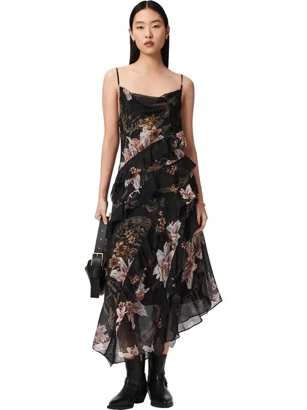 ALLSAINTS Floral Slip Maxi Dress - Crystal Black