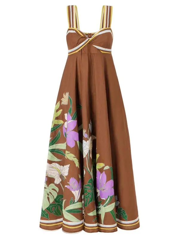 ALEMAIS Alfie Floral-print Linen Midi Dress - Brown
