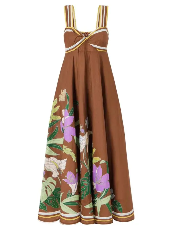 ALEMAIS Alfie Floral-print Linen Midi Dress - Chocolate