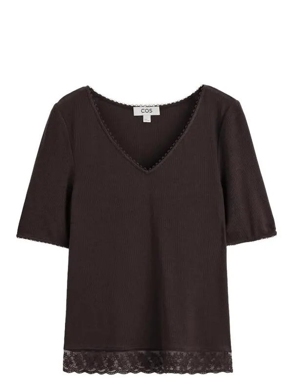 Cos Lace-trimmed Ribbed V-neck T-shirt - Brown