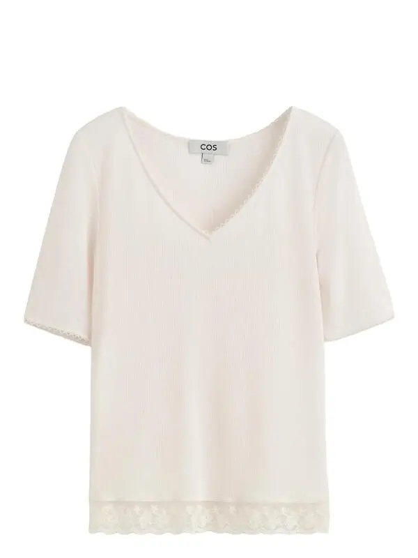 Cos Lace-trimmed Ribbed V-neck T-shirt - White