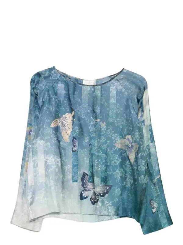 PIERRE-LOUIS MASCIA Butterfly-print Long-sleeve Blouse - Blue