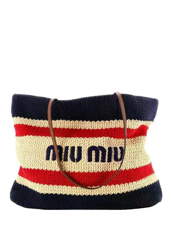 Miu Miu Logo Striped Raffia Crochet Leather Large Tote Bag - Multicolour