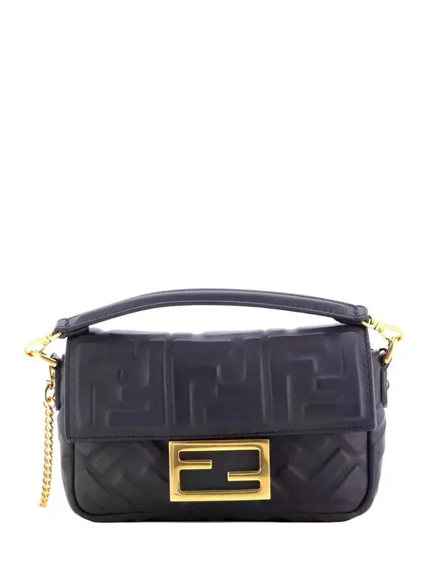 Fendi Baguette Chain Bag Zucca Embossed Leather Small - Black