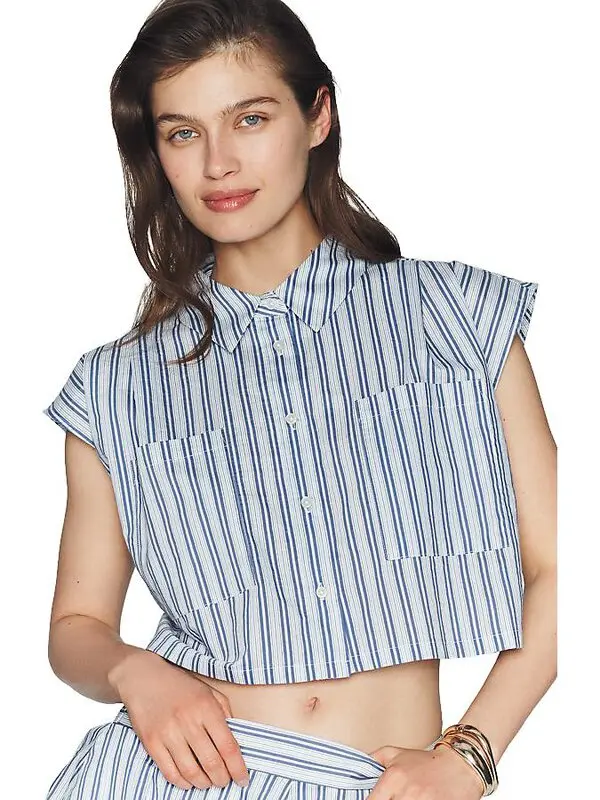 Maeve Cap-sleeve Cropped Buttondown Top - Blue Stripe