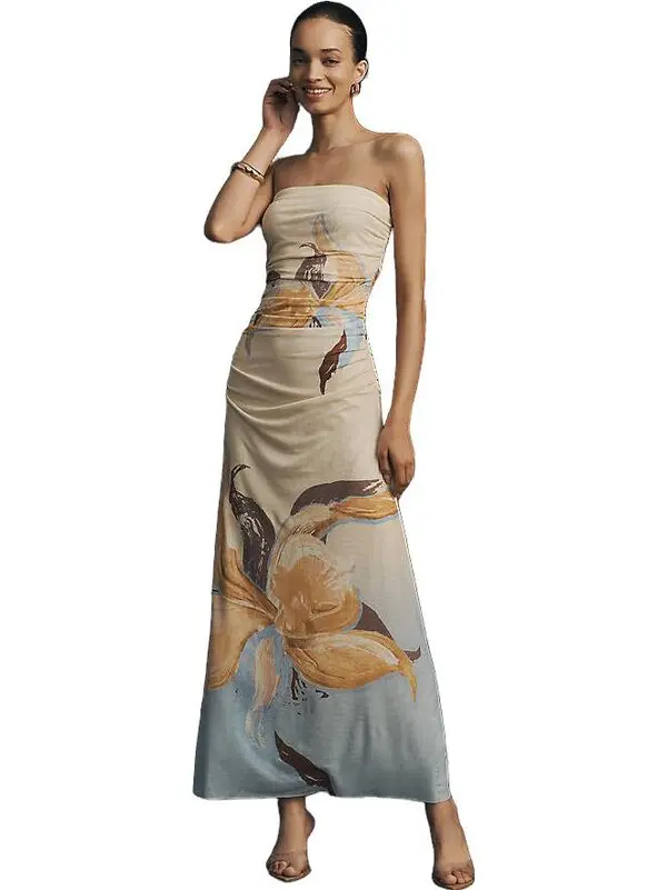 SOVERE Dahlia Strapless Midi Dress - Yellow Floral