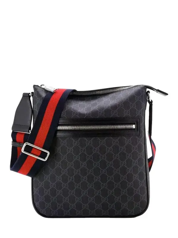 Gucci Web Strap Front Zip Messenger Bag Gg Coated Canvas - Black