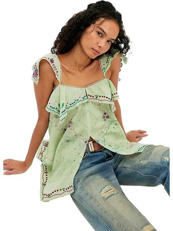 Free People Hankie Embroidered Tunic - Frost Green Combo