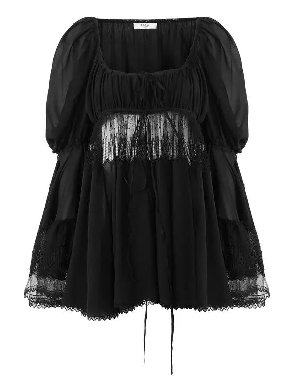 Chloé Scoop-neck Puff-sleeve Georgette And Lace Top - Black