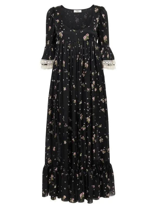 Chloé Scoop-neck Midi Dress With Lace Trims - Black