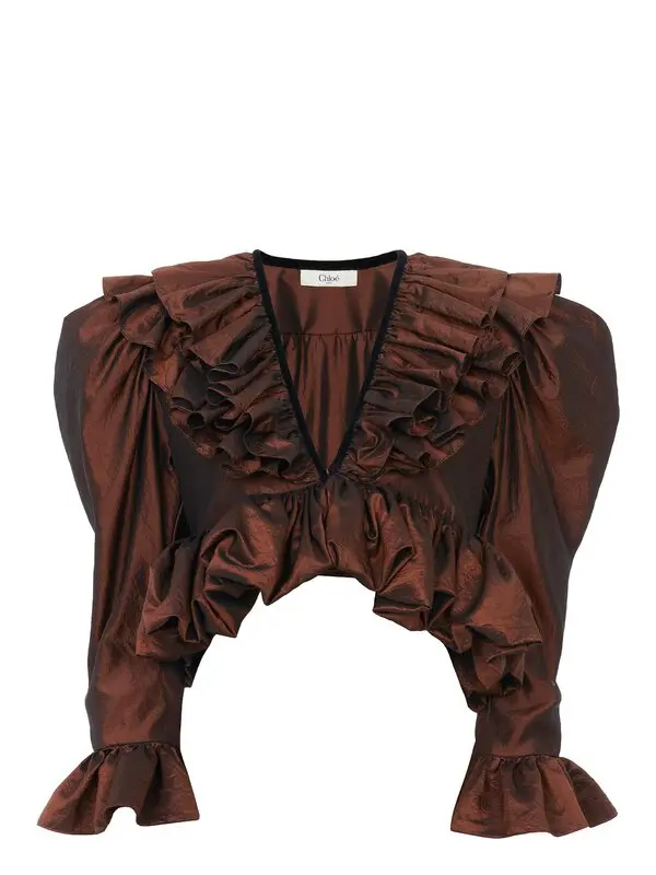 Chloé Cropped V-neck Ruffle Top - Plain Brown