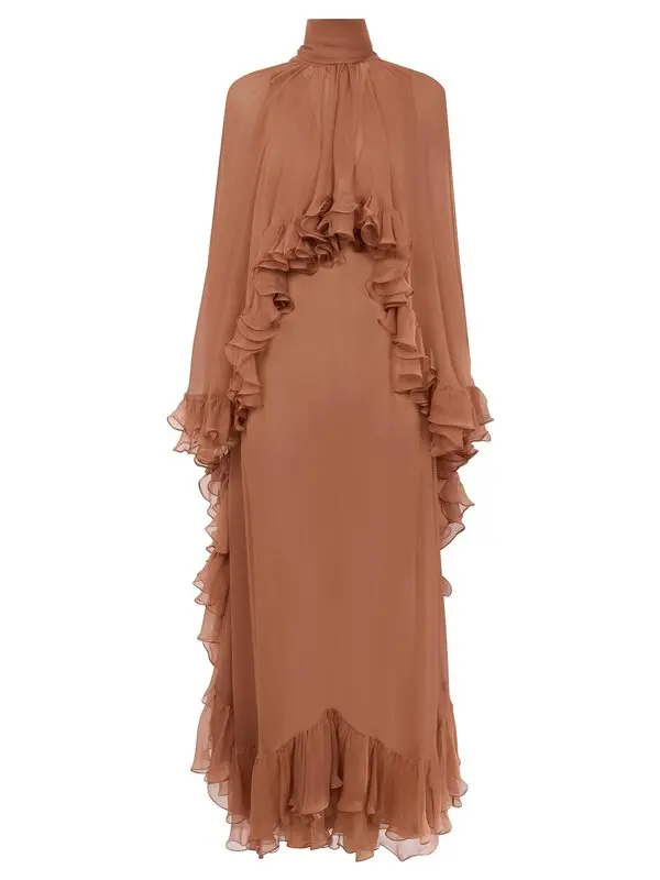 Chloé Mousseline Mock-neck Ruffle Dress - Nougat
