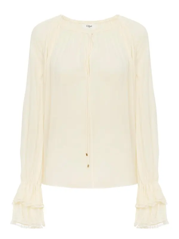 Chloé Gathered V-neck Top - Pristine White