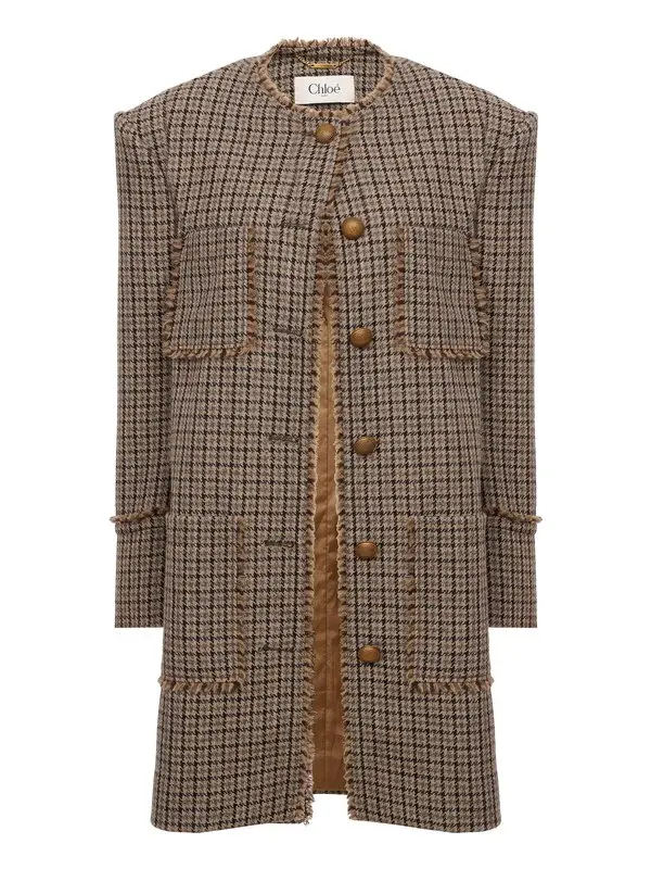 Chloé Houndstooth Wool Coat - Brown / Beige