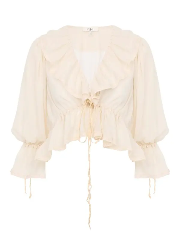 Chloé Cropped V-neck Ruffle Top - Coconut Milk