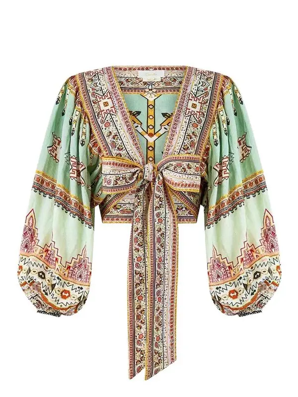 Camilla Blouson Sleeve Tie Front Top - Green