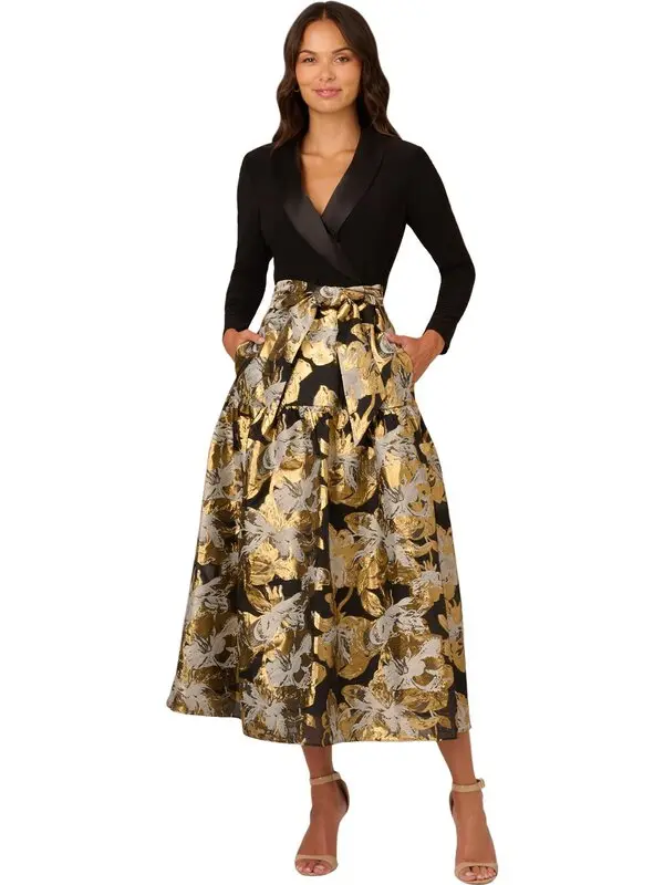 Adrianna Papell Floral Jacquard Midi Dress - Black/gold