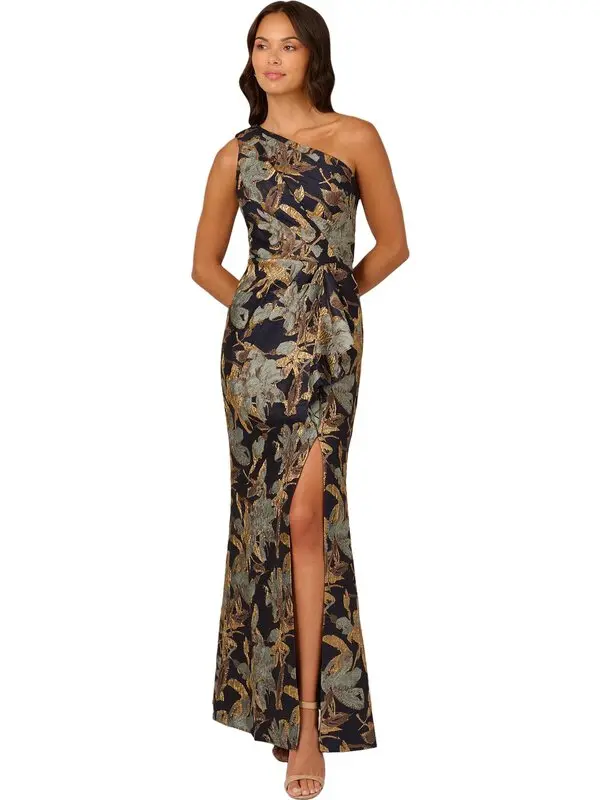 Adrianna Papell One-shoulder Floral Jacquard Mermaid Gown - Blue/gold