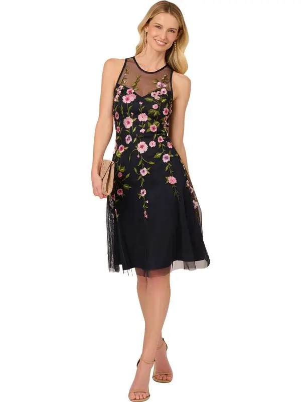 Adrianna Papell Floral Embroidered Illusion Midi Dress - Midnight Multi