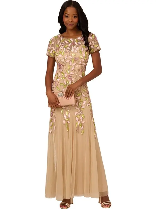 Adrianna Papell Short Sleeve Vine Beaded Godet Gown - Nude Multi