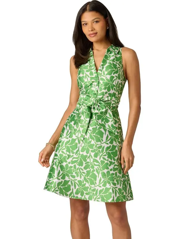 Adrianna Papell Sleeveless Printed Tie Front Short Dress - Ivory/green