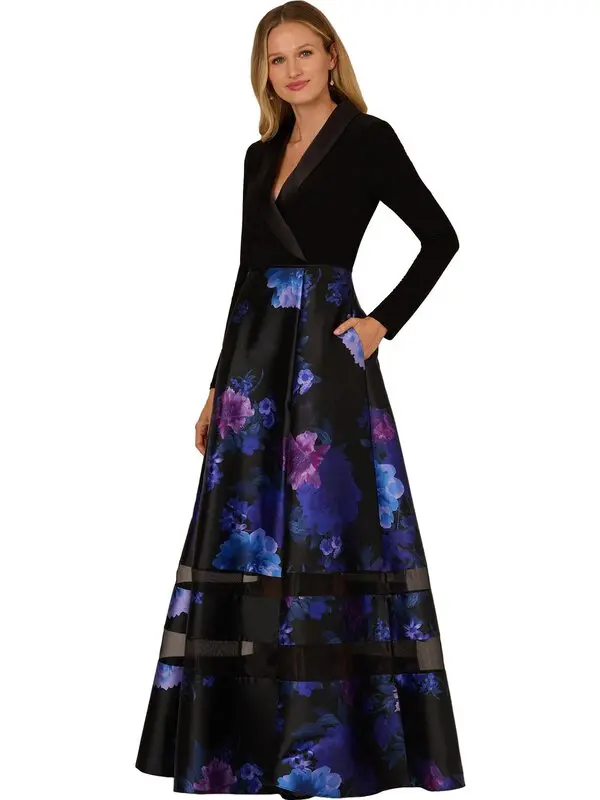 Adrianna Papell Floral Tuxedo Combo Ballgown - Black Multi