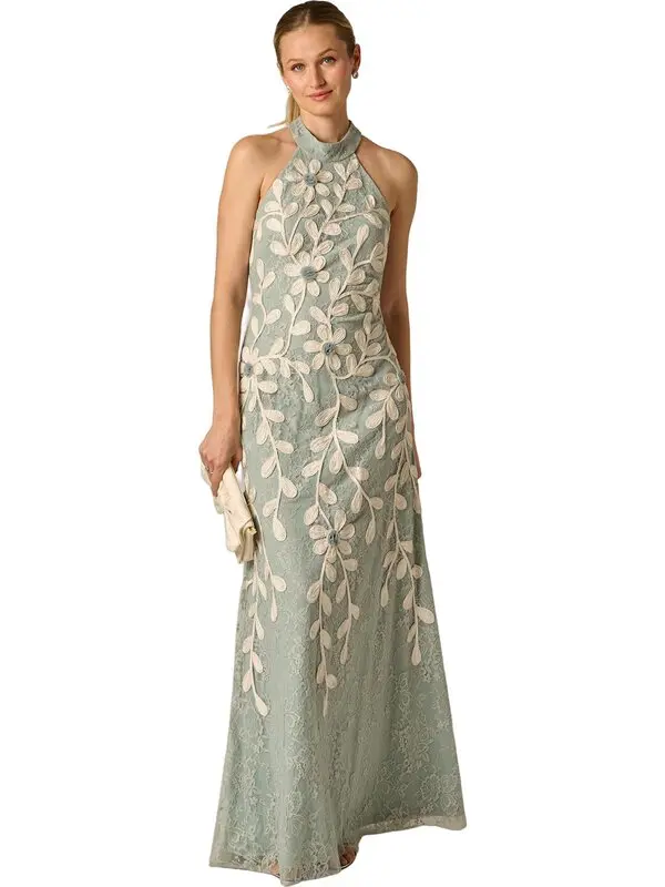 Adrianna Papell Lace Soutache Embroidery Halter Gown - Sage/ivory