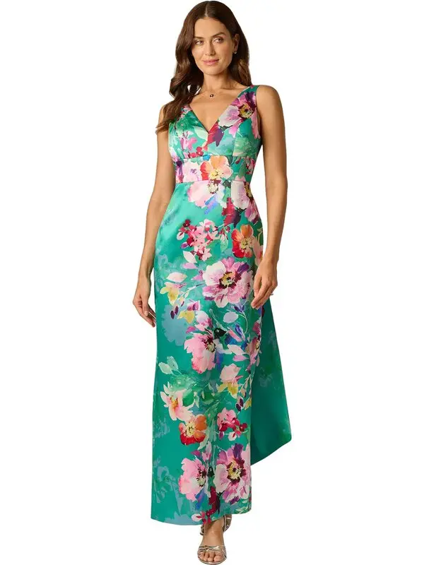Adrianna Papell Floral Mikado Scarf Train Column Gown - Green Multi