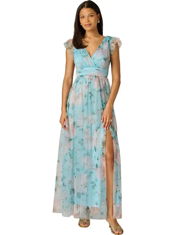 Adrianna Papell Floral Print Tulle Maxi Dress With Flutter Sleeves - Blue Multi