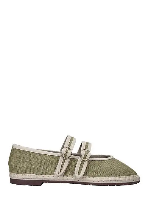 FLABELUS Claire Linen Mary Jane Flats - Green Comb