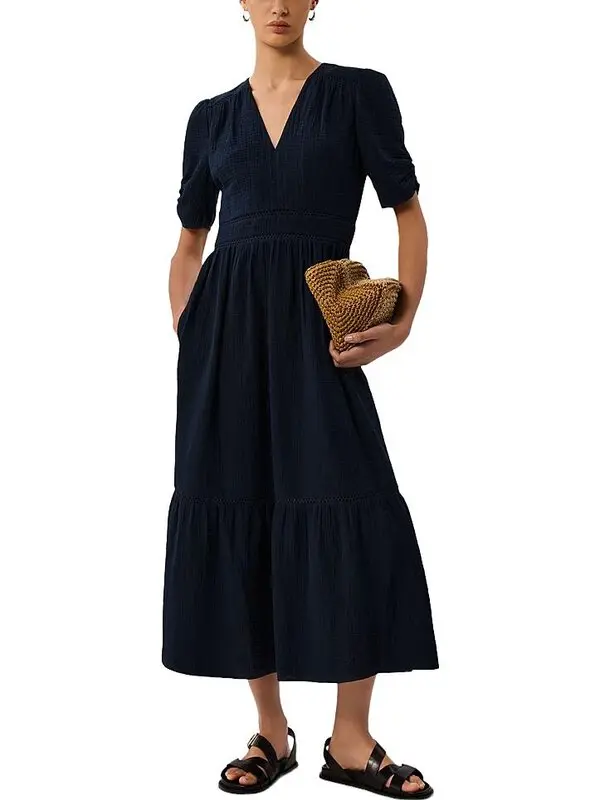 Whistles V-neck Textured Midi Dress - Navy
