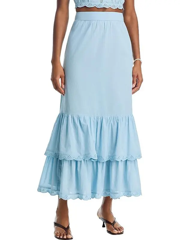 Aqua Eyelet Trim Midi Skirt - Spring Blue