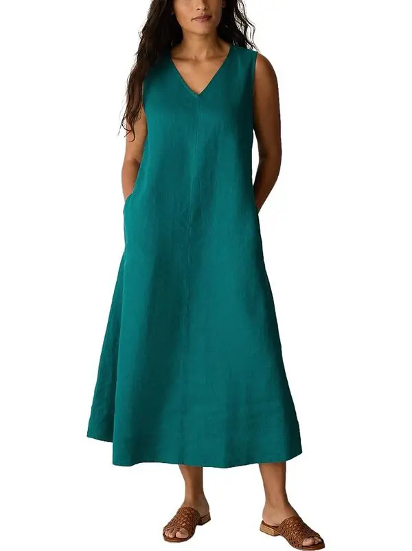 Eileen Fisher V-neck Linen Dress - Teal