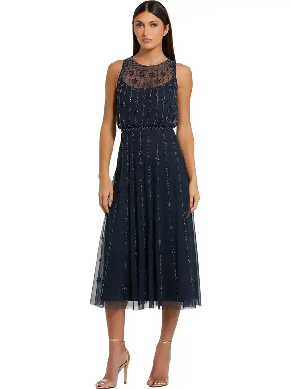 Mac Duggal High Neck Embellished A-line Cocktail Dress - Navy