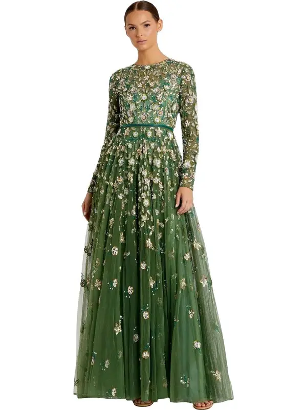 Mac Duggal Embellished High Neck Long Sleeve A-line Gown - Green
