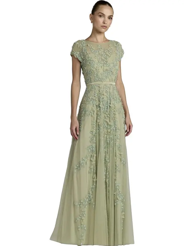 Mac Duggal Floral Embellished Cap Sleeve Gown - Green