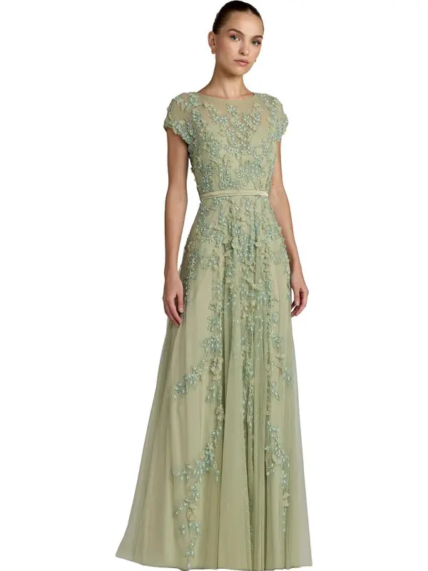 Mac Duggal Floral Embellished Cap Sleeve Gown - Green