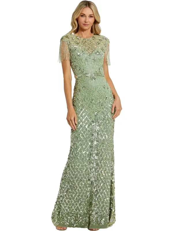 Mac Duggal Petite High Neck Beaded Fringe Gown - Green