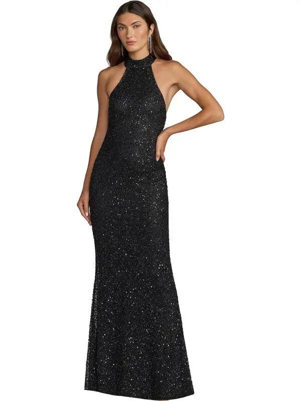 Mac Duggal Embellished Halter Neck Open Back Column Gown - Black